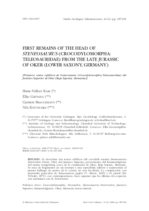 (PDF) FIRST REMAINS OF THE HEAD OF STENEOSAURUS (CROCODYLOMORPHA ...