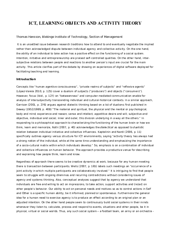 (DOC) ICT, LEARNING OBJECTS AND ACTIVITY THEORY