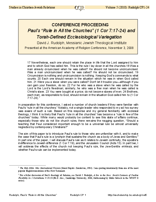 (PDF) Paul's "Rule in All the Churches" (1 Cor 7:17-24) and Torah ...