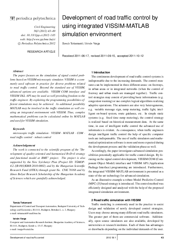 Pdf Development Of Road Traffic Control By Using Integrated Vissim Matlab Simulation Environment