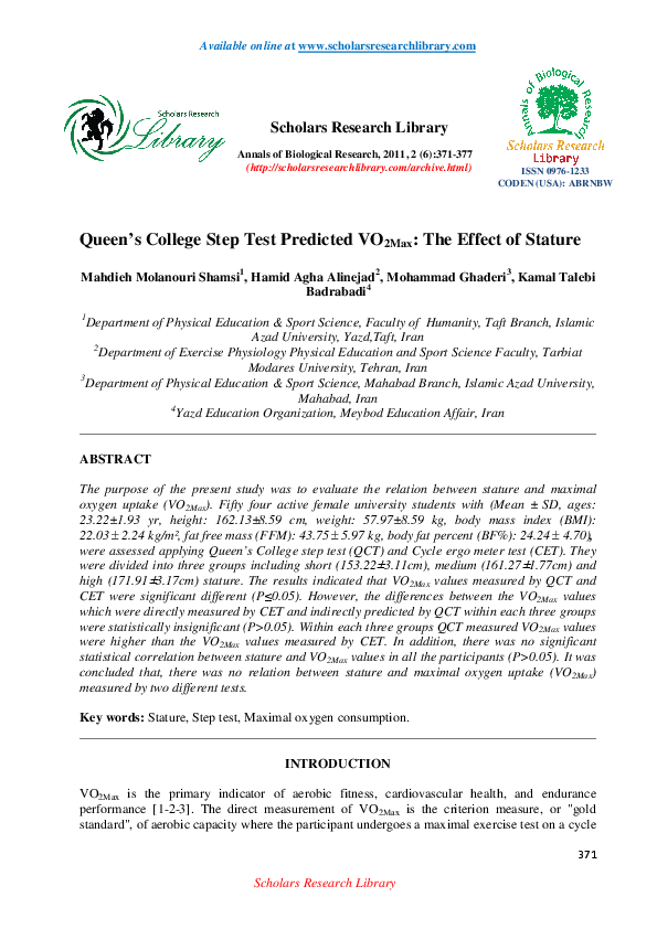 (PDF) Queen’s College Step Test Predicted VO2Max: The Effect of Stature