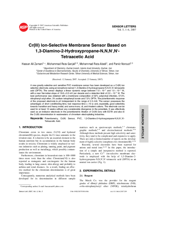 (PDF) Cr (III) Ion-Selective Membrane Sensor Based on 1, 3-Diamino-2-Hydroxypropane-N, N, N, N ...