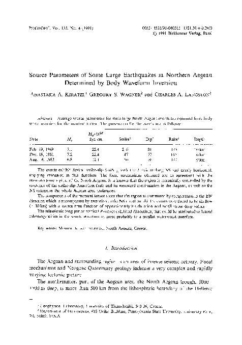 (PDF) Source Parameters of Some Large Earthquakes In Northern Aegean Determined by Body Waveform ...