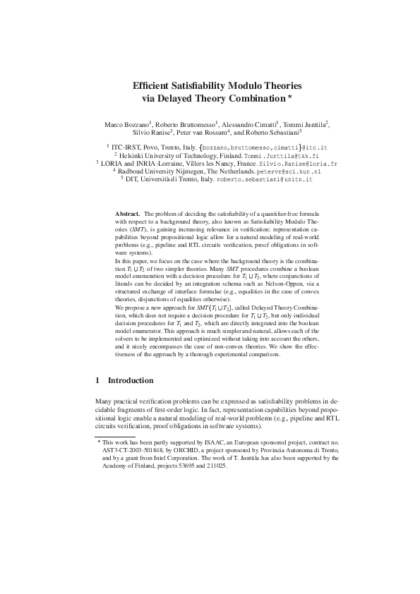 (PDF) Efficient Satisfiability Modulo Theories via Delayed Theory Combination