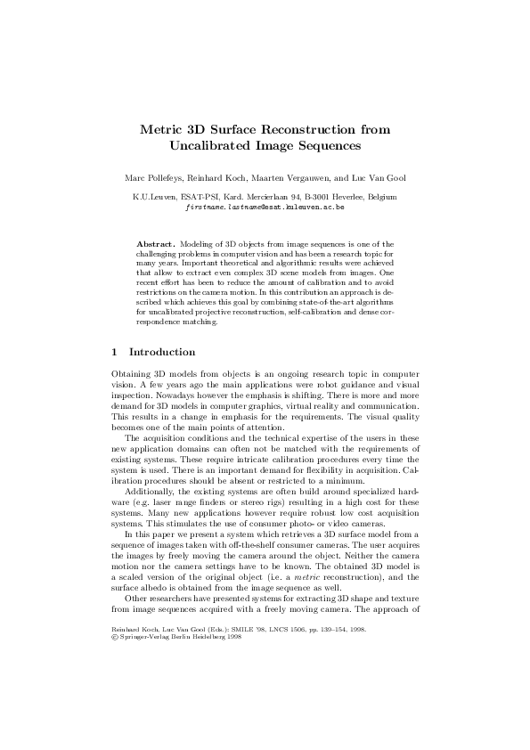 (PDF) Metric 3D Surface Reconstruction From Uncalibrated Image Sequences