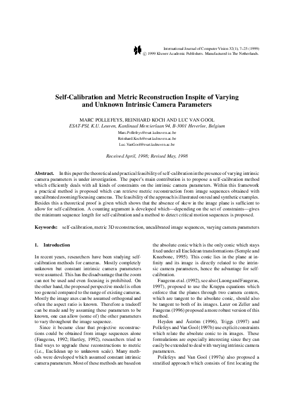 (PDF) Self-Calibration and Metric Reconstruction Inspite of Varying and Unknown Intrinsic Camera ...