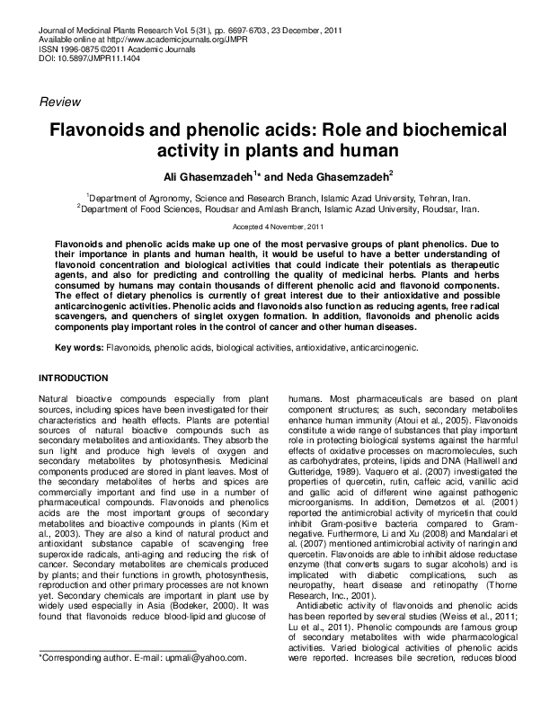 (PDF) Flavonoids and phenolic acids: Role and biochemical activity in plants and human