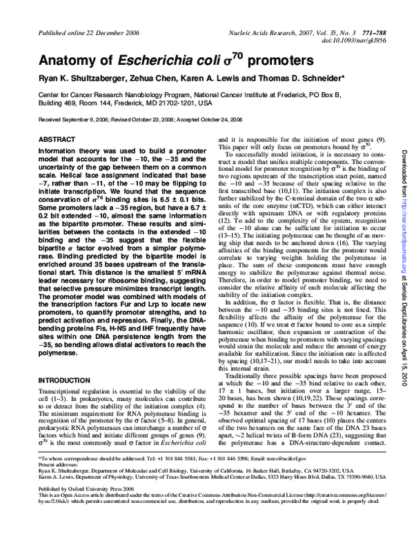 (PDF) Anatomy of Escherichia Coli{Sigma} 70 Promoters