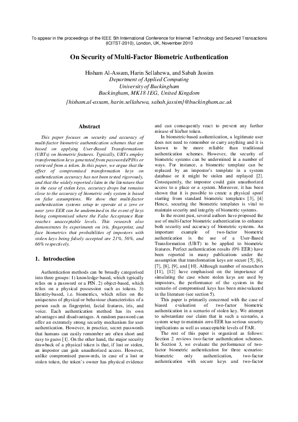 (PDF) On Security of Multi-Factor Biometric Authentication