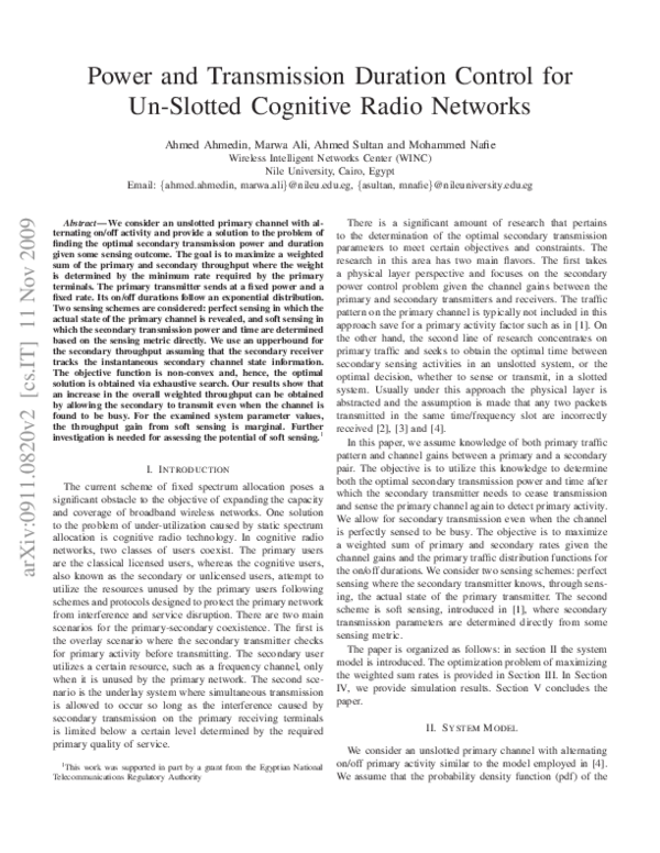 (PDF) Power and Transmission Duration Control for Un-Slotted Cognitive Radio Networks