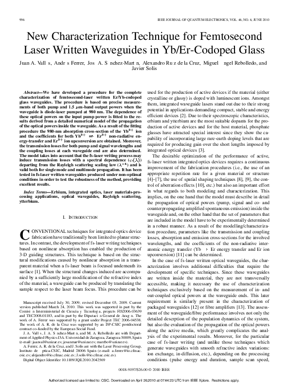 (PDF) New Characterization Technique for Femtosecond Laser Written Waveguides in Yb/Er-Codoped Glass