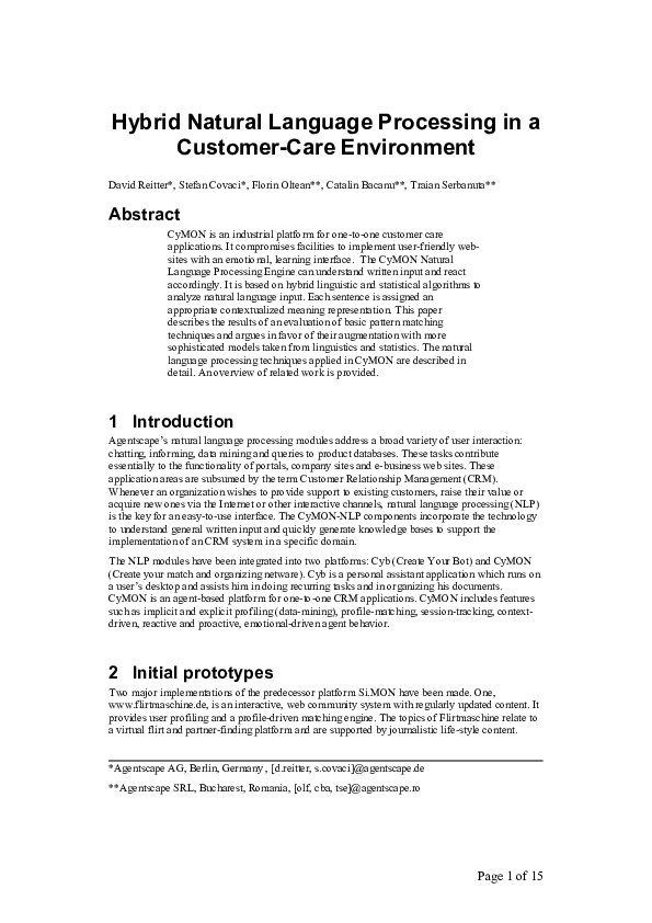 (PDF) Hybrid Natural Language Processing In a Customer-Care Environment