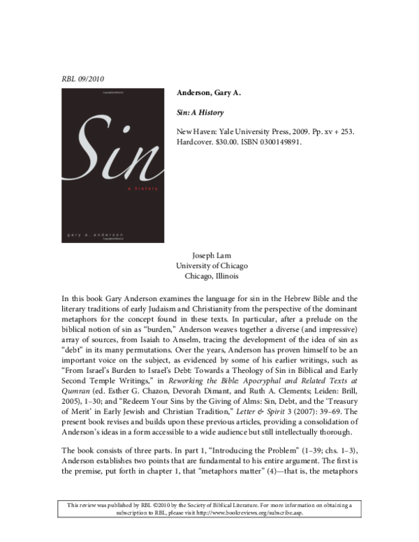 (PDF) Review of Sin: A History, by Gary A. Anderson