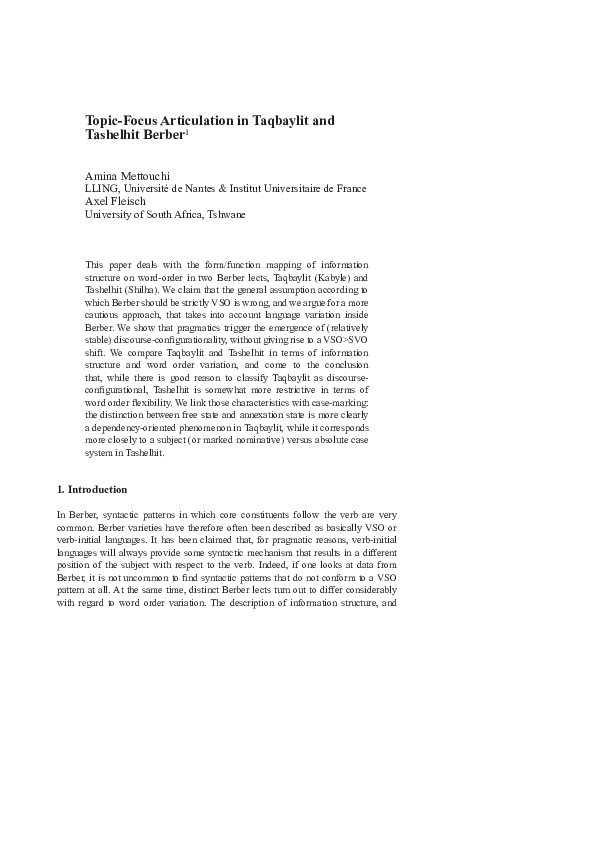 (PDF) Topic-Focus Articulation In Taqbaylit and Tashelhit Berber