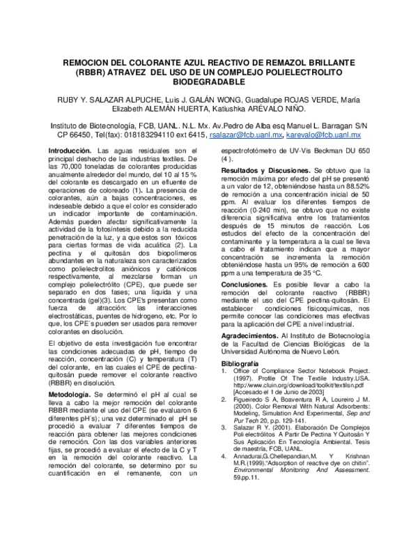 (PDF) REMOCION DEL COLORANTE AZUL REACTIVO DE REMAZOL BRILLANTE (RBBR ...