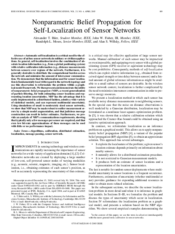 Pdf Nonparametric Belief Propagation For Self Calibration In Sensor