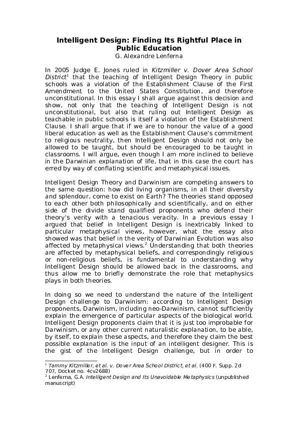 (DOC) Intelligent Design: Finding its Rightful Place in Public Education