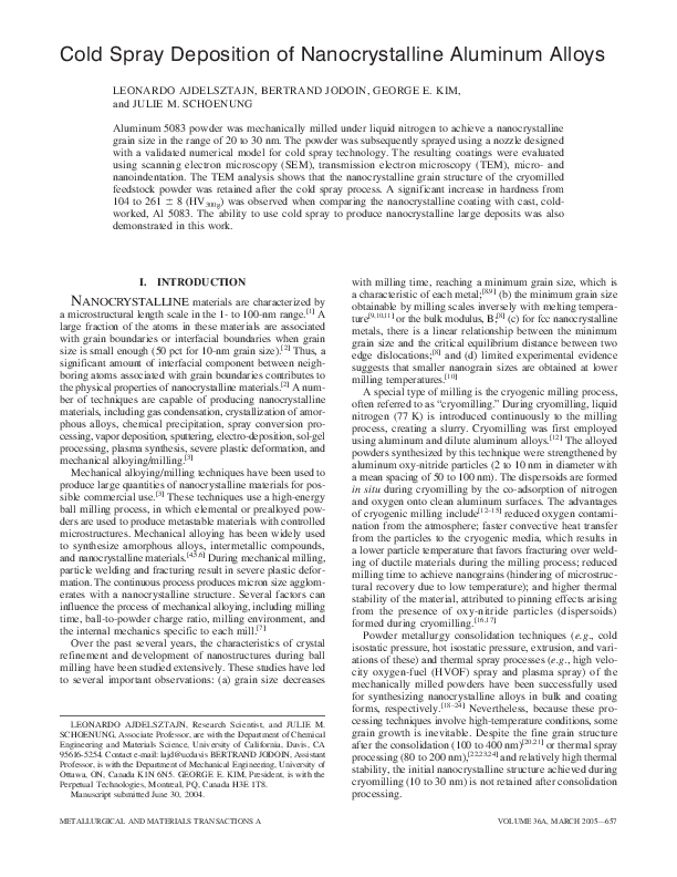 (PDF) Cold Spray Deposition of Nanocrystalline Aluminum Alloys