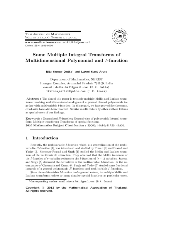 Pdf Some Multiple Integral Transforms Of Multidimensional Polynomial And I Function Biju
