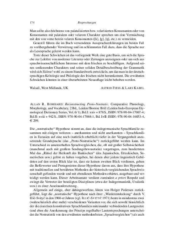 (PDF) Review of: ALLAN R. BOMHARD: Reconstructing Proto-Nostratic