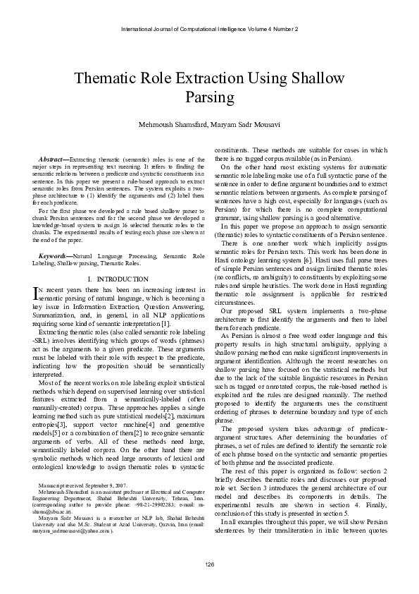 (PDF) Thematic Role Extraction Using Shallow Parsing