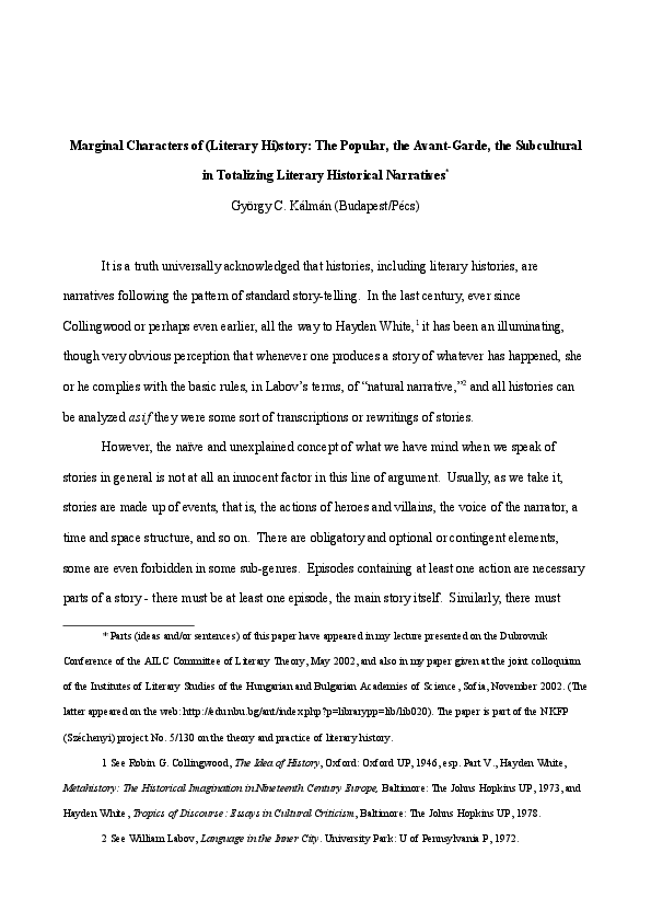 Marginal Characters of (Literary Hi)story: The Popular, the Avant-Garde ...