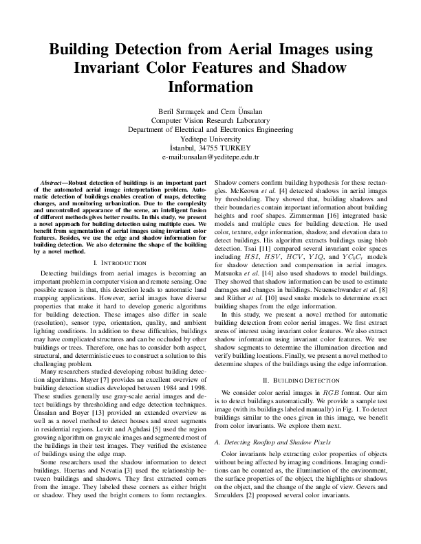 (PDF) Building detection from aerial images using invariant color features and shadow information