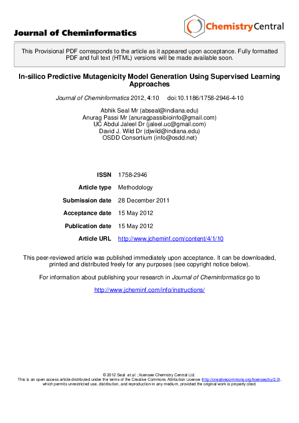 Pdf In Silico Predictive Mutagenicity Model Generation Using Supervised Learning Approaches