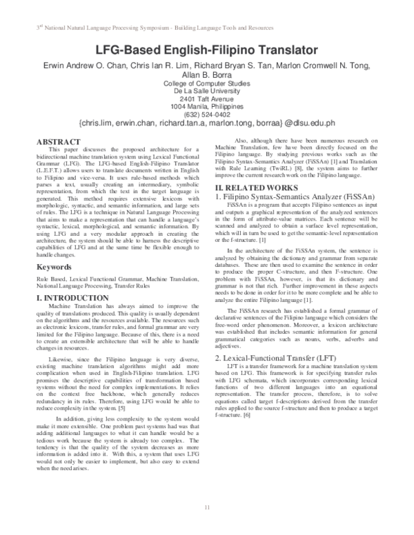 (PDF) LFG-Based English-Filipino Translator