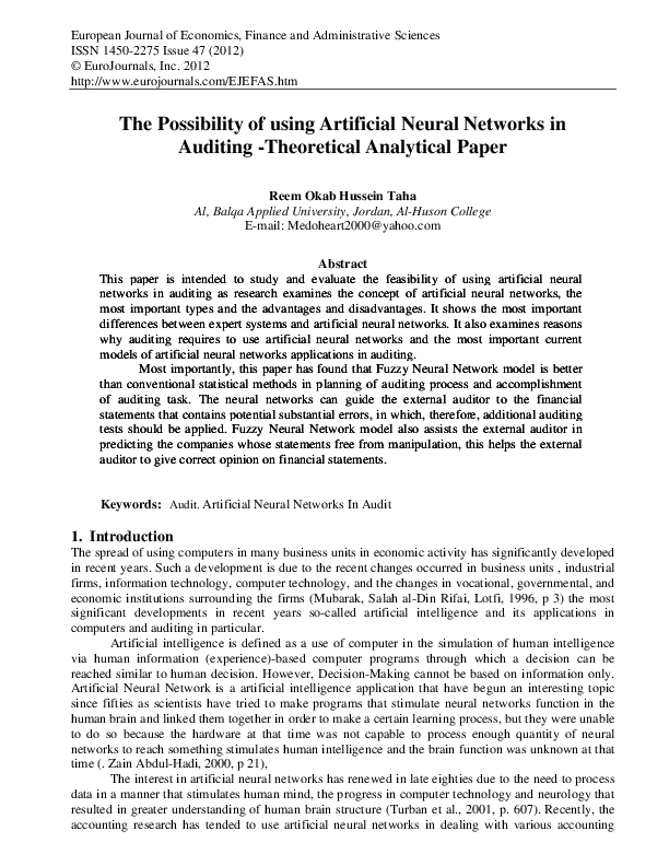 Pdf The Possibility Of Using Artificial Neural Networks In Auditing