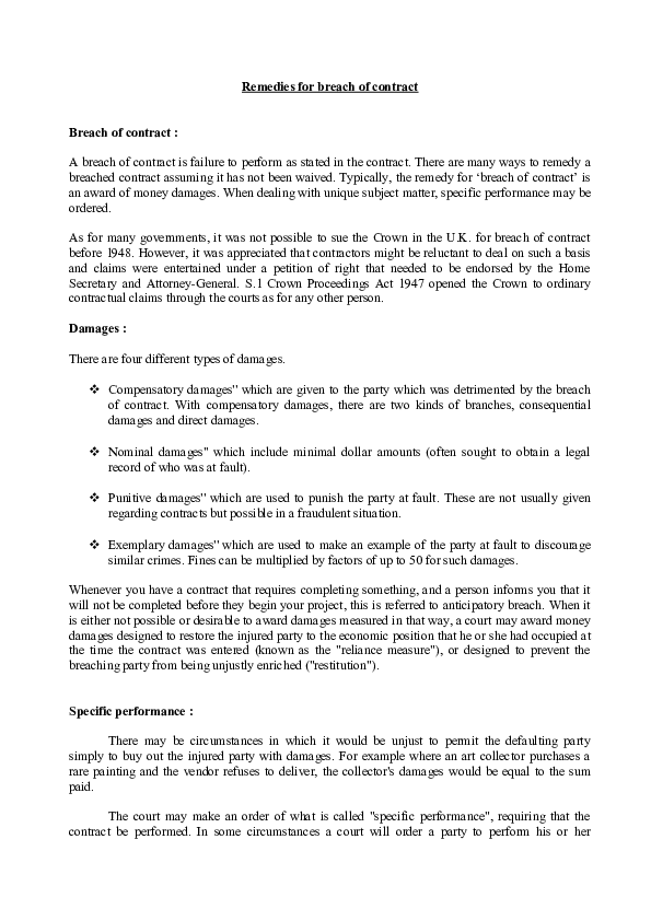 (DOC) Remedies for breach of contract