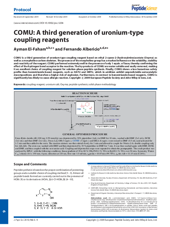 (PDF) COMU: A third generation of uronium‐type coupling reagents