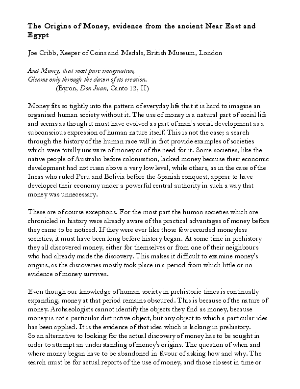 (PDF) The Origins of Money, evidence from the ancient Near East and Egypt