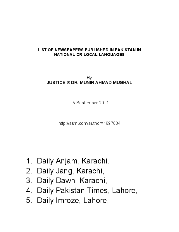(PDF) List of Newspapers Published in Pakistan in National or Local ...