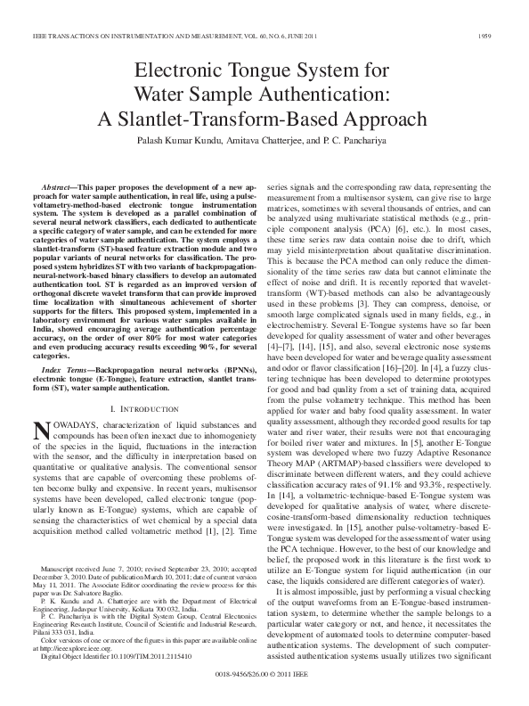 (PDF) Electronic Tongue System for Water Sample Authentication: A Slantlet-Transform-Based Approach