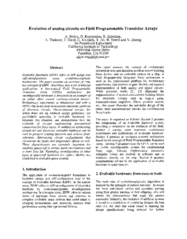 Pdf Evolution Of Analog Circuits On Field Programmable Transistor Arrays