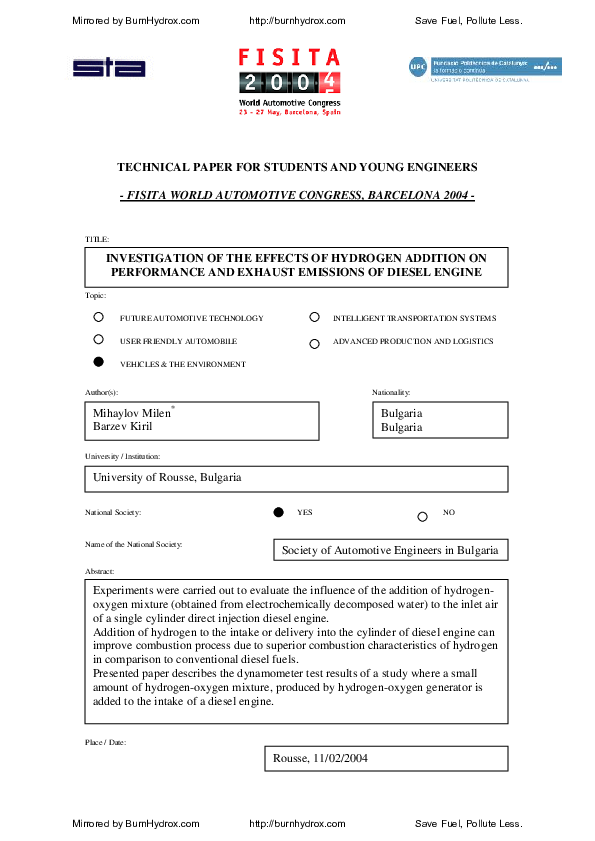 (PDF) INVESTIGATION OF THE EFFECTS OF HYDROGEN ADDITION ON PERFORMANCE AND EXHAUST EMISSIONS OF ...