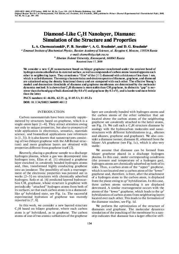 (PDF) Diamond-Like C2H Nanolayer, Diamane: Simulation of the Structure ...