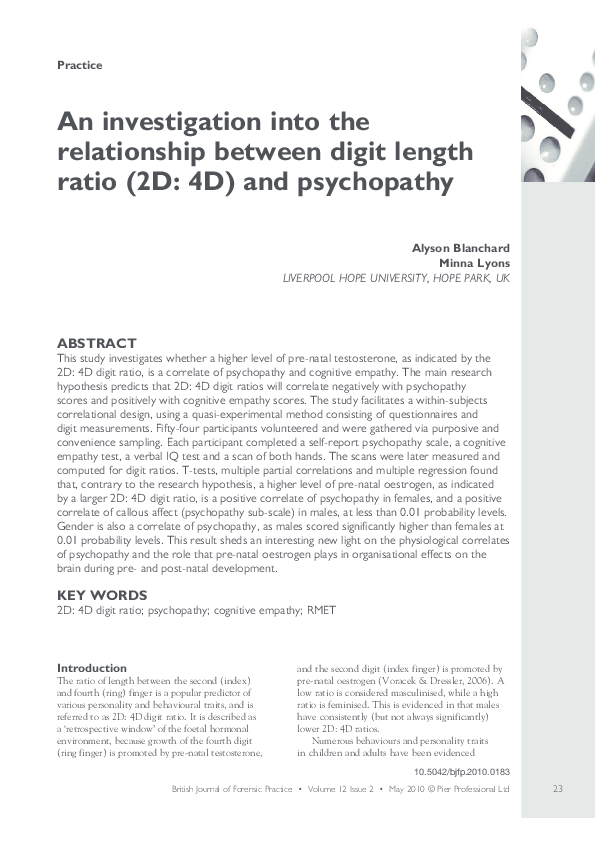 (PDF) An Investigation Into the Relationship Between Digit Length Ratio ...