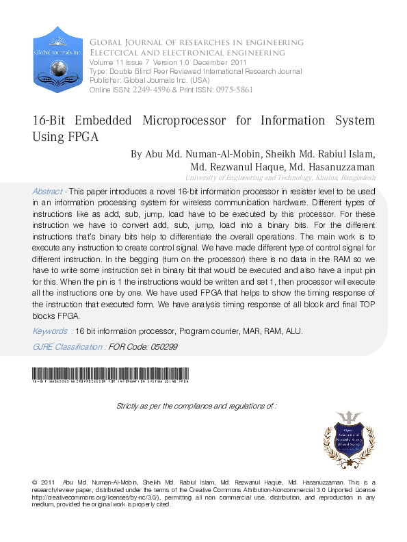 Pdf 16 Bit Embedded Microprocessor For Information System Using Fpga
