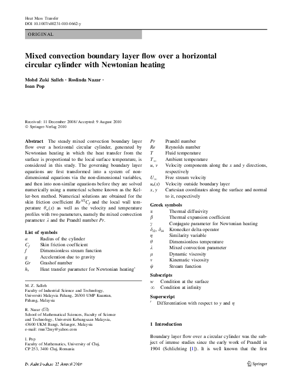 Pdf Mixed Convection Boundary Layer Flow Over A Horizontal Circular Cylinder With Newtonian