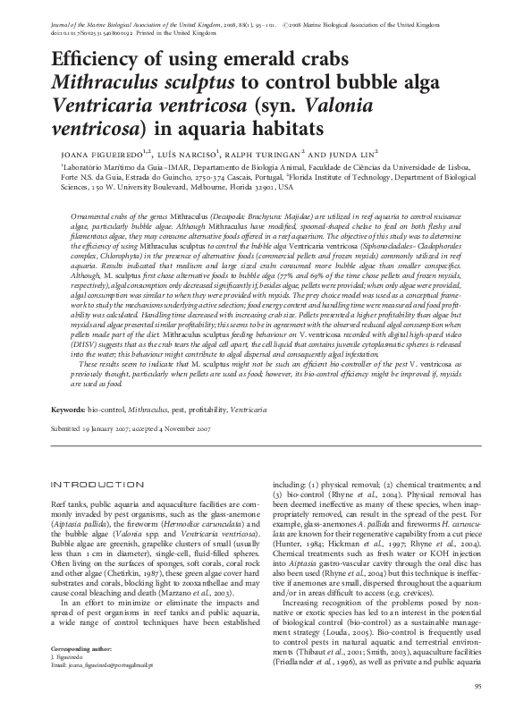 (PDF) Efficiency of using emerald crabs Mithraculus sculptus to control ...