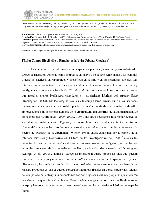 (PDF) DOMINGUES, Diana; HAMDAN, Camila; AUGUSTO, Leci. Cuerpo ...
