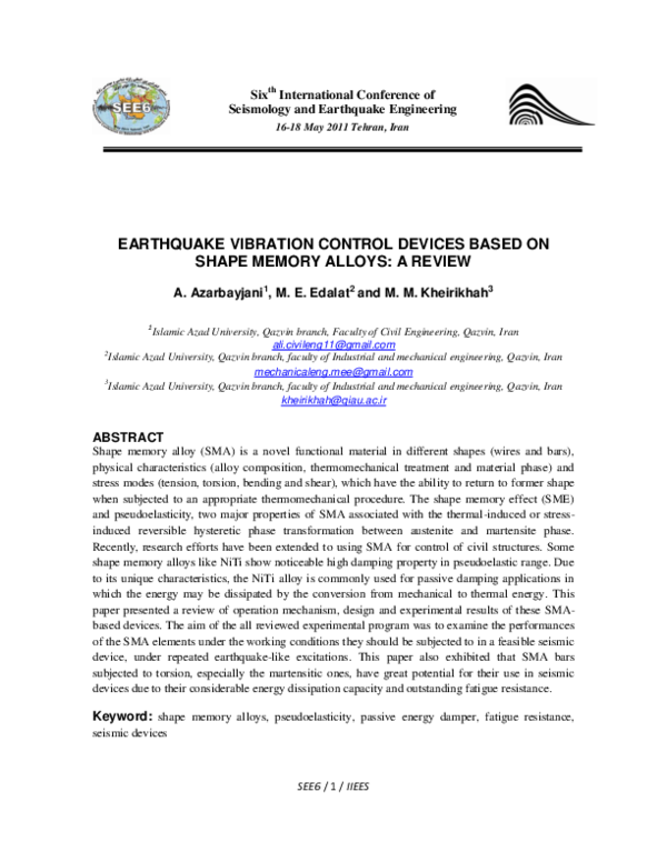 (PDF) EARTHQUAKE VIBRATION CONTROL DEVICES BASED ON SHAPE MEMORY ALLOYS ...