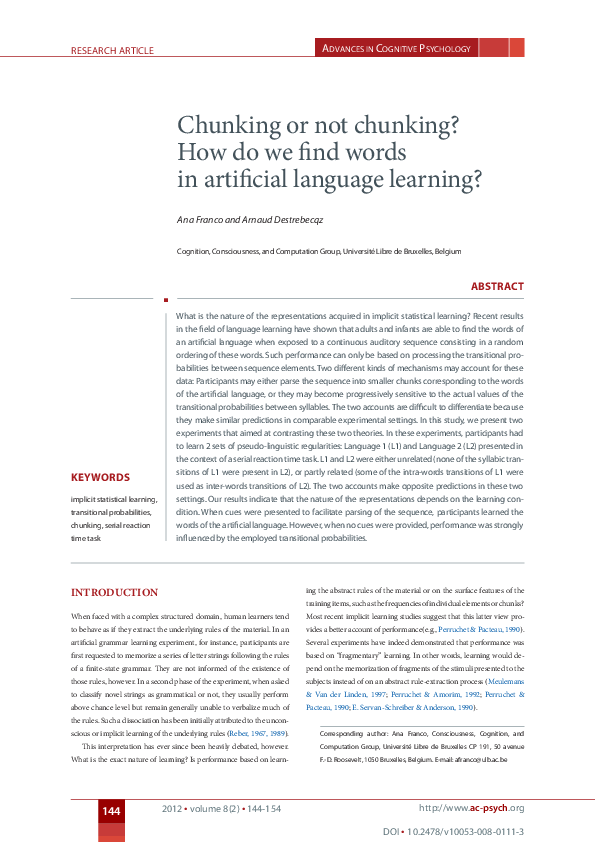 (PDF) Chunking or not chunking? How do we find words in artificial language learning?