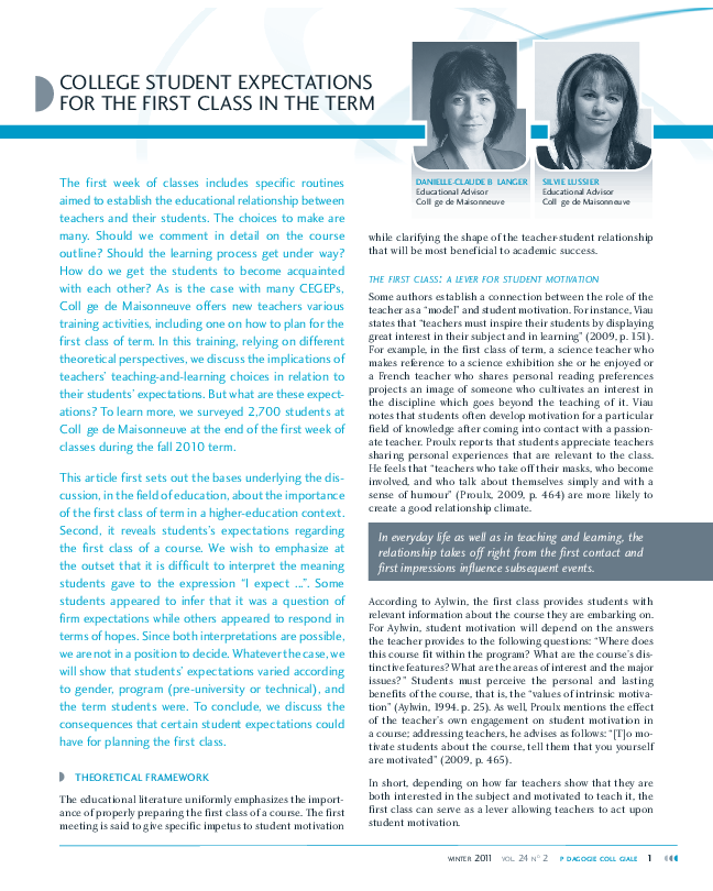 (PDF) COLLEGE STUDENT EXPECTATIONS FOR THE FIRST CLASS IN THE TERM