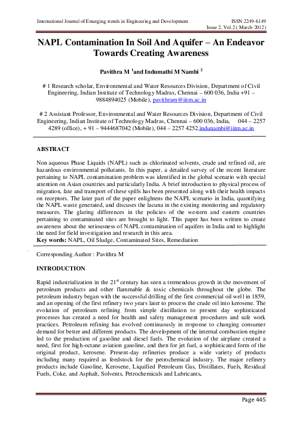 (PDF) NAPL Contamination In Soil And Aquifer–An Endeavor Towards ...