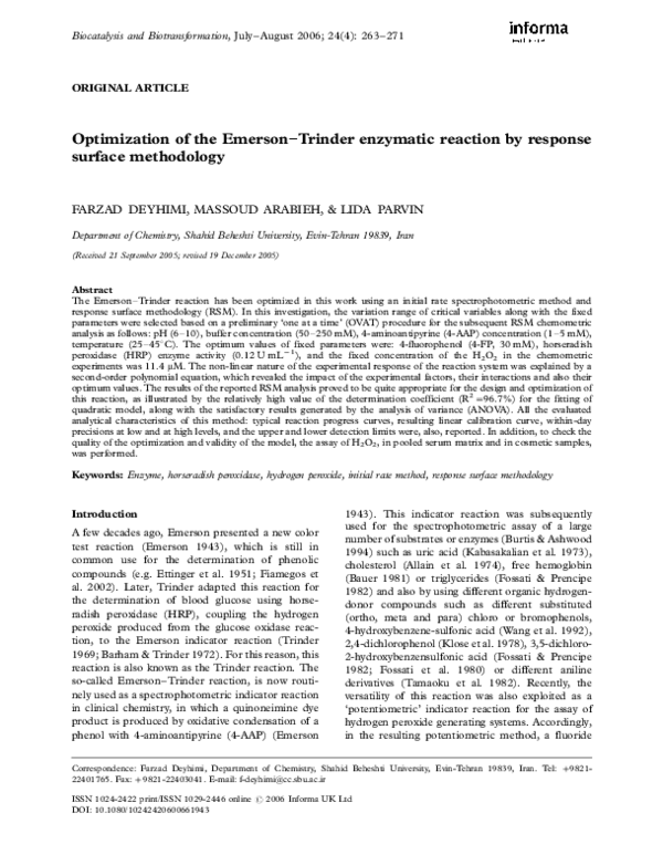 (PDF) Optimization of the Emerson Trinder enzymatic reaction by response