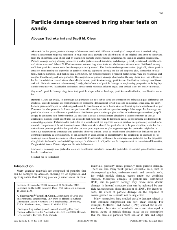 (PDF) Particle Damage Observed in Ring Shear Tests on Sands