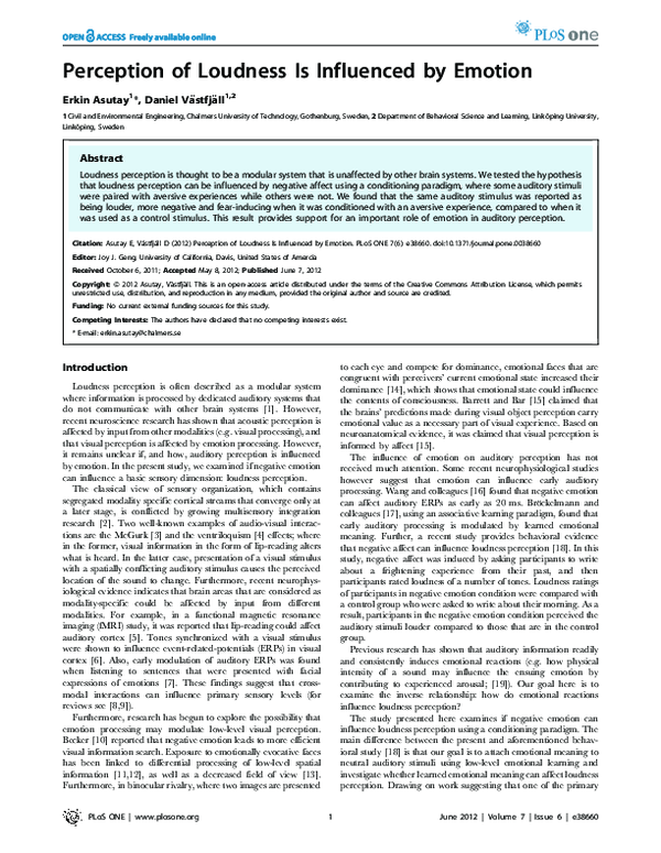 (PDF) Perception of Loudness Is Influenced by Emotion